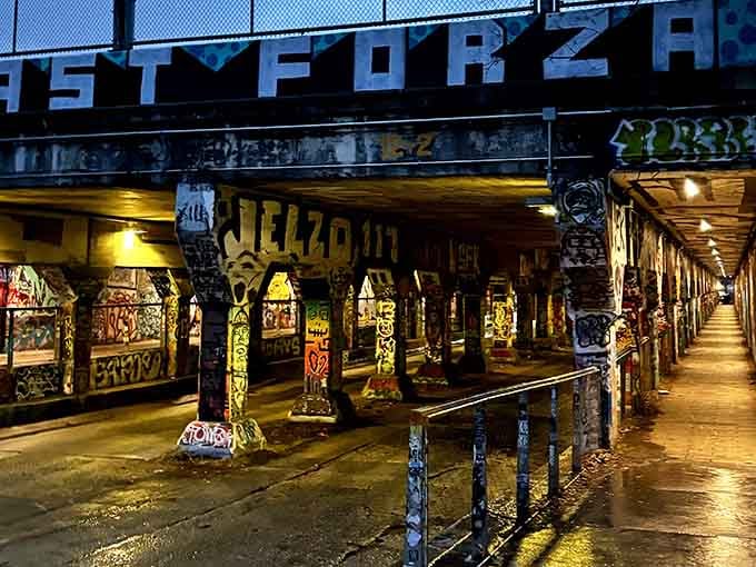 Evening lights illuminate the tunnel's artwork, transforming it into a glowing gallery that rivals any fancy museum downtown.