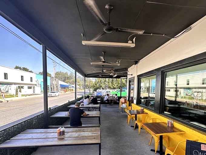 The covered patio offers front-row seats to East Cesar Chavez Street while you devour your barbecue bounty in comfort.