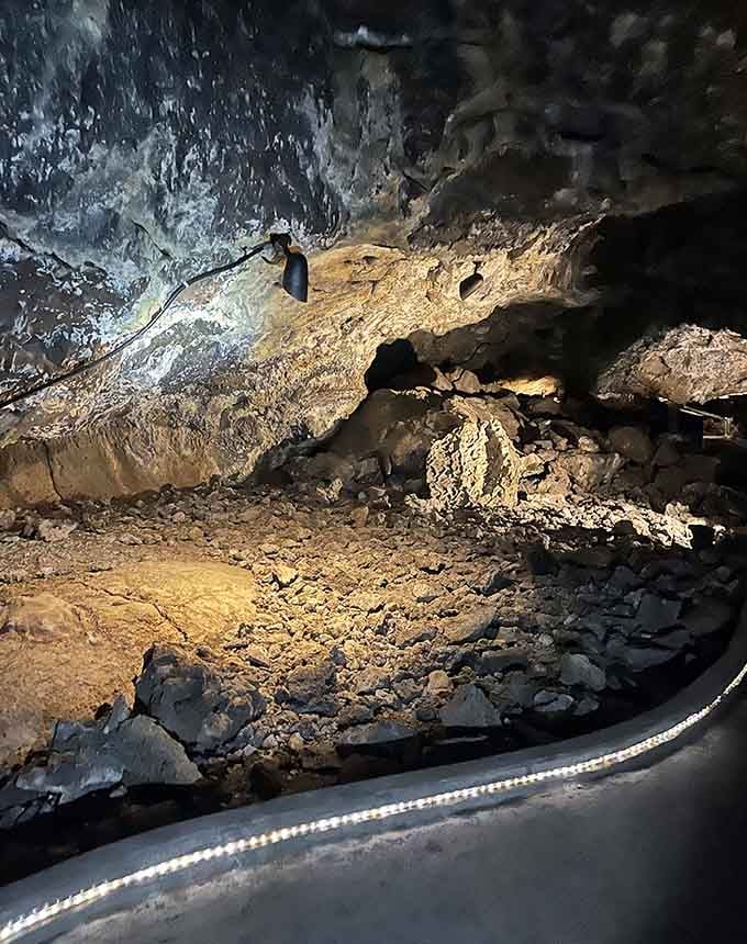 The textured walls inside tell the story of molten lava that flowed through here thousands of years ago.