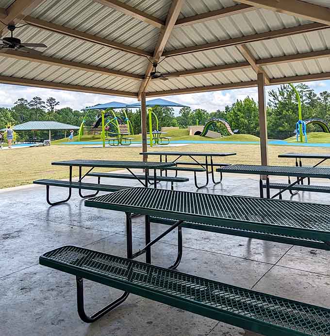 Covered picnic areas that understand South Carolina summers require shade, snacks, and strategic planning for survival mode.