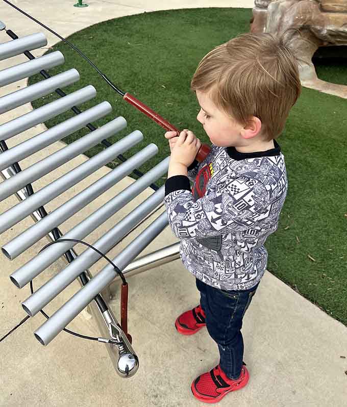 Musical instruments built into the playground let kids create symphonies, or at least enthusiastic noise that parents will pretend sounds wonderful.