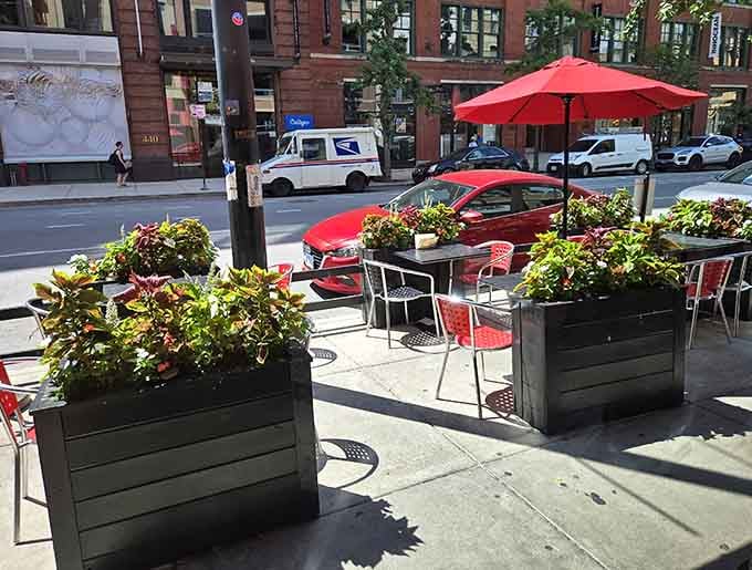 Sidewalk seating where you can people-watch while cheese-watching simultaneously, living your best life.