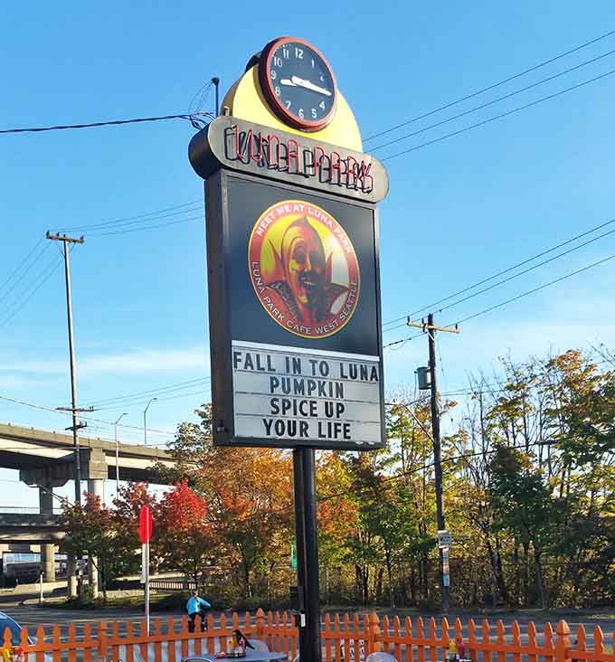 The outdoor sign promises to "Pumpkin Spice Up Your Life," proving even nostalgia joints embrace seasonal wordplay with enthusiasm.