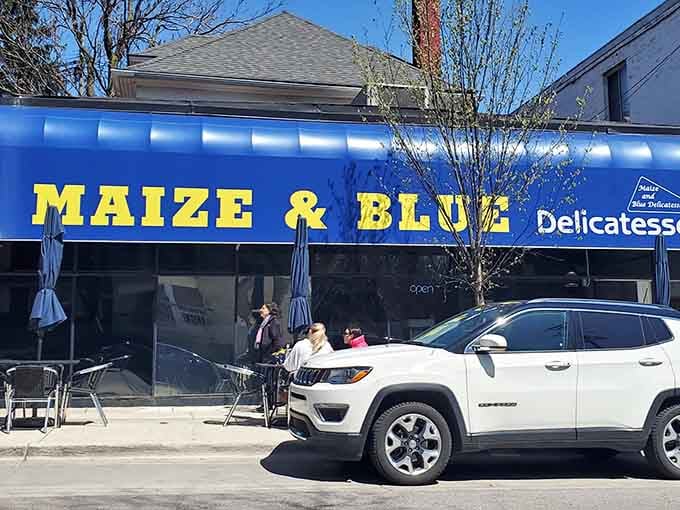 Blue umbrellas and sidewalk seating offer the perfect spot for people-watching while demolishing your sandwich in Ann Arbor sunshine.