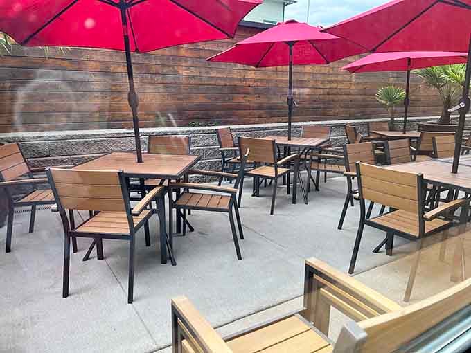 The patio offers fresh air dining under cheerful umbrellas, perfect for those gorgeous Pacific Northwest mornings.
