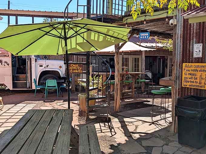 The sunny patio at Planet Marfa invites you to relax and enjoy the atmosphere while sipping your drink under the clear skies.