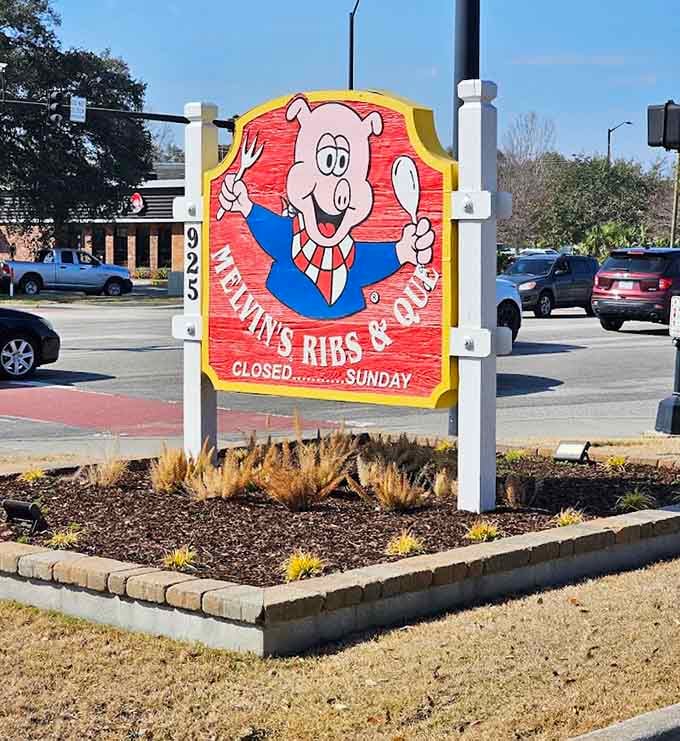 A cartoon pig in a tie holding utensils is the kind of honest advertising that tells you exactly what's on offer.
