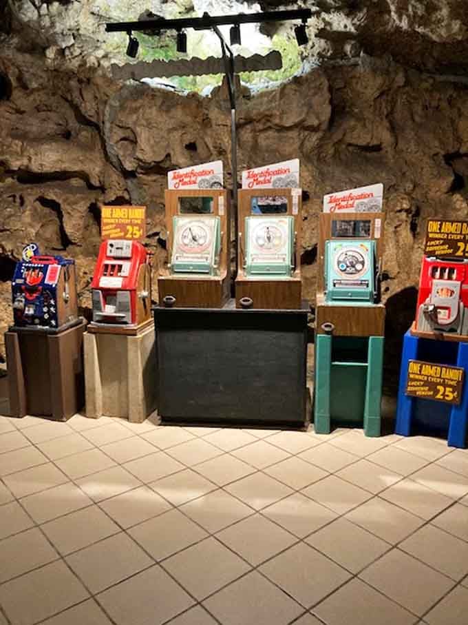 Vintage coin-operated games add a nostalgic touch to your underground adventure, because why should caves be all serious?