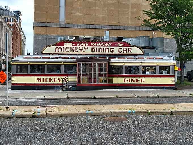The streamlined dining car design looks ready to roll down the tracks, though it's staying put, thankfully.