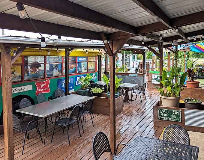 The outdoor patio offers fresh air dining with the same eclectic vibe you'll find inside.