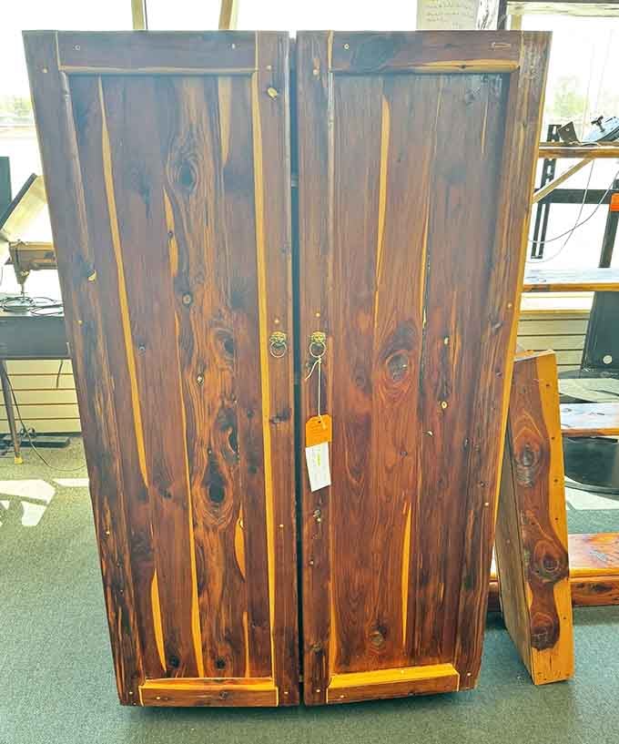 Wooden cabinet doors with character etched into every grain, the kind of craftsmanship that laughs at particle board.