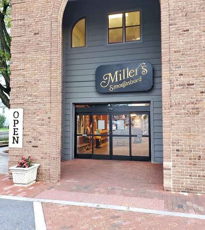 Miller's Smorgasbord entrance stands ready to welcome diners into nearly a century of Pennsylvania Dutch tradition.