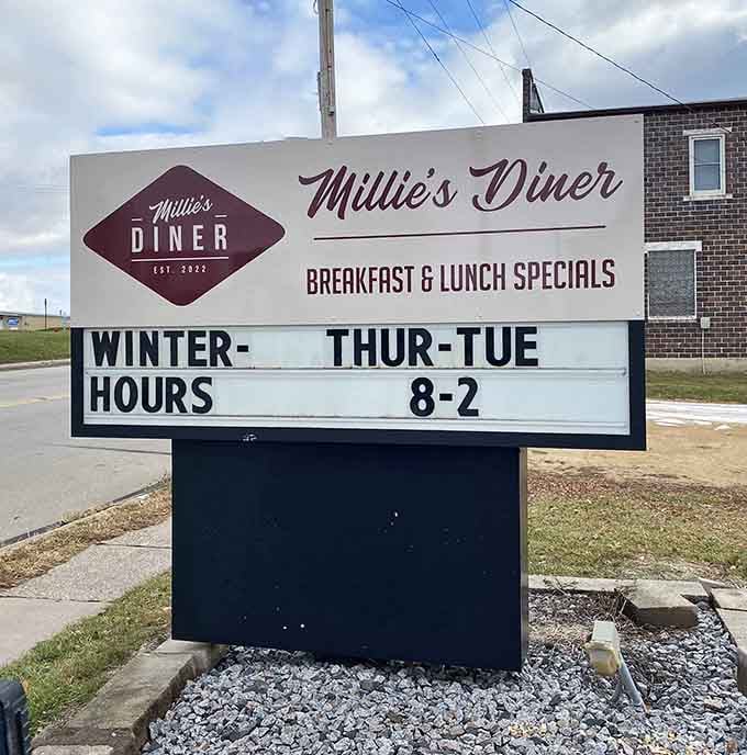 Clear signage announces breakfast and lunch specials, plus winter hours—because good planning makes for happy, well-fed visitors.