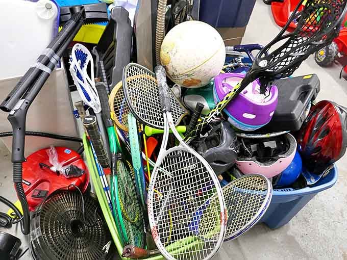 Sports equipment purgatory: tennis rackets, baseball bats, and that exercise ball you swore would change your life&mdash;all waiting for their athletic second chance.