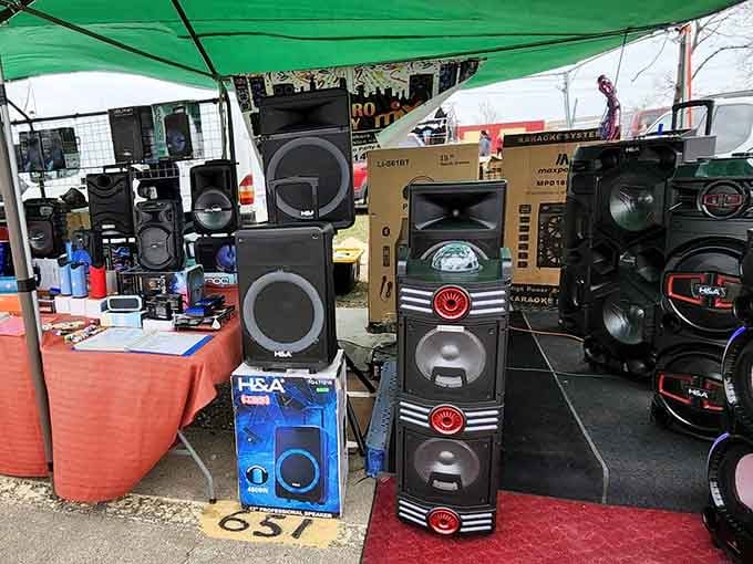 The speaker selection hits volume eleven with enough audio equipment to start your own neighborhood block party or karaoke empire.