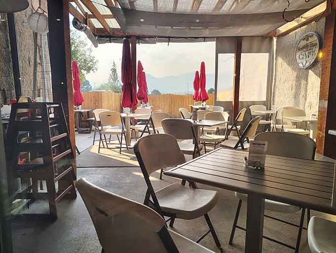 More cozy seating where families plot hiking adventures and couples debate ordering just one more pancake.