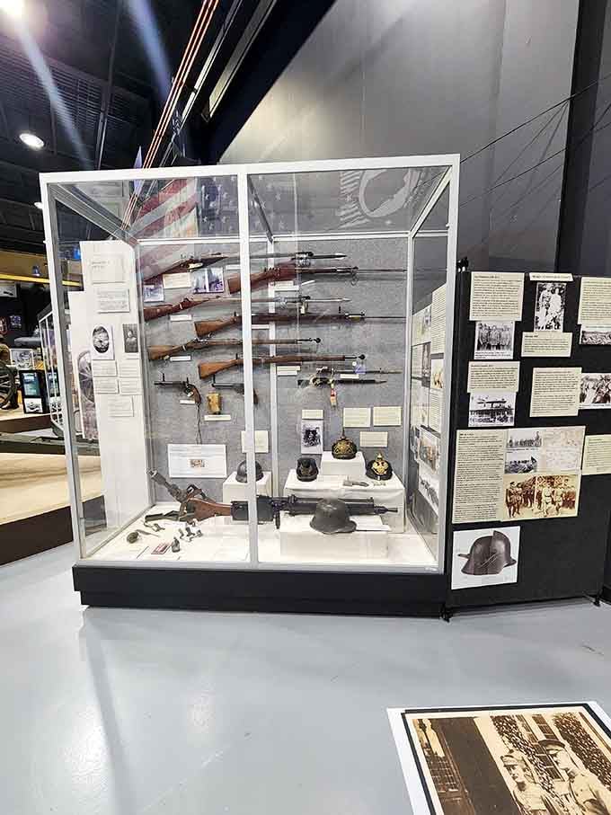 This carefully curated weapons display traces the evolution of firearms technology that Missouri soldiers carried from the Civil War onward.