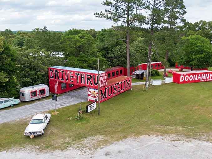From above, the red shipping containers create a maze of wonder that looks like modern art met a junkyard.