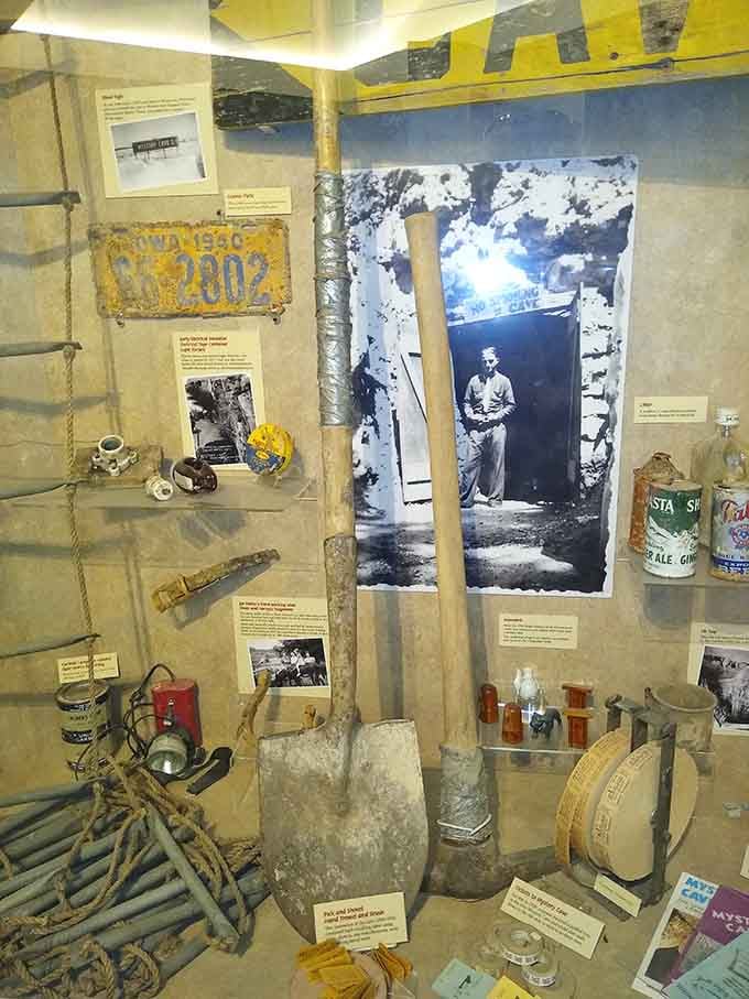 Historical displays show how early explorers discovered and mapped this underground world with primitive equipment and courage.