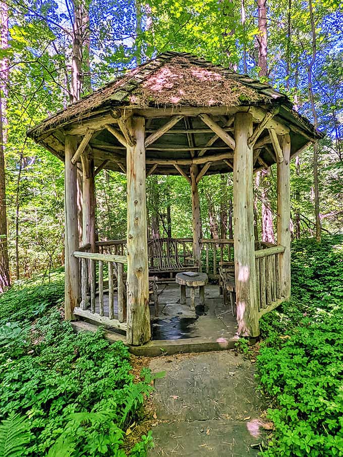 This rustic gazebo tucked among verdant spring growth offers the perfect spot for contemplation&mdash;retirement's greatest luxury.