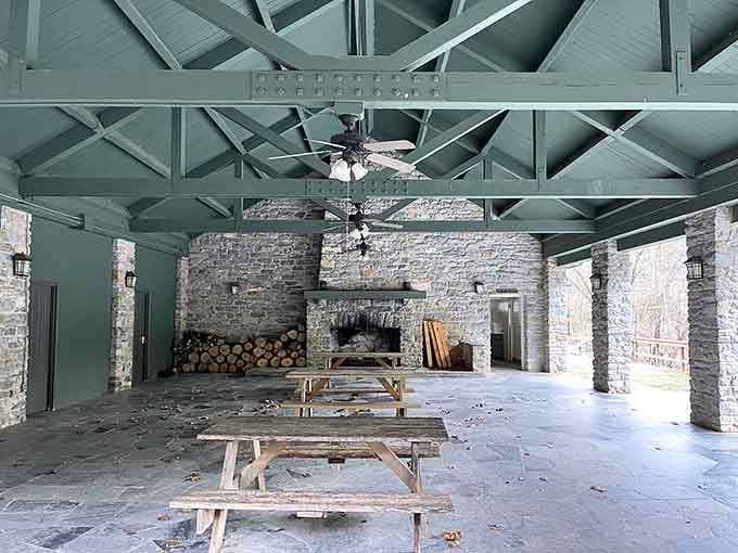 This covered pavilion with stone fireplaces is perfect for picnics surrounded by millions of years of natural history.