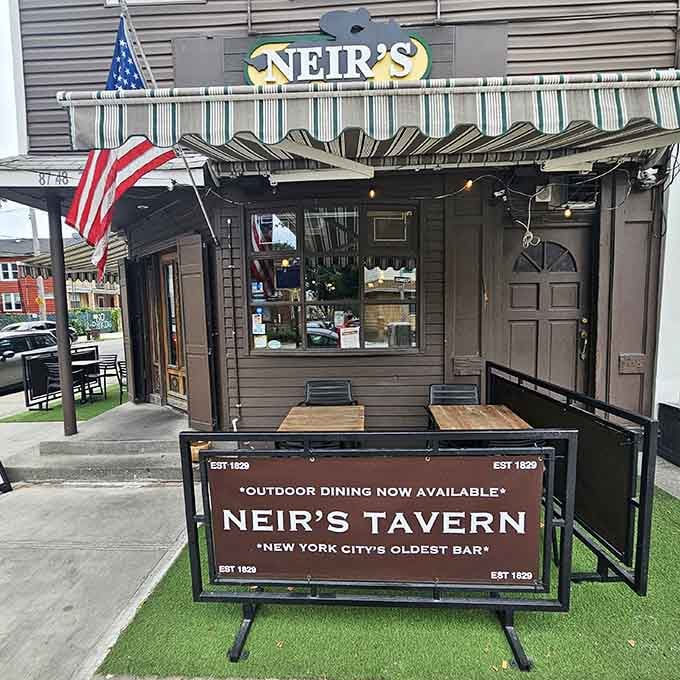 Outdoor seating that lets you soak up Woodhaven sunshine while contemplating nearly 200 years of stories.