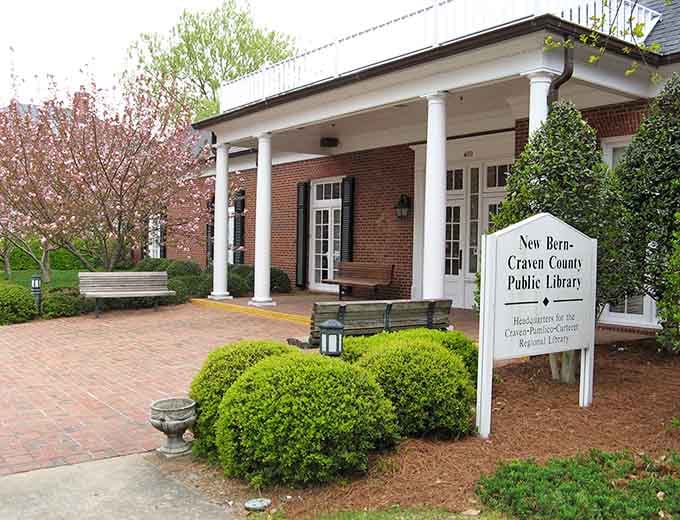 The public library welcomes readers with columns that suggest books have always been this town's treasure.