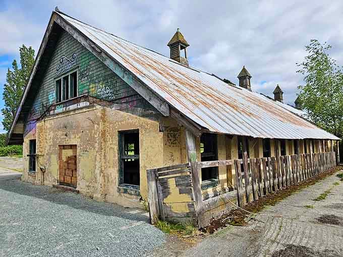 Weathered wood and peeling paint tell stories of countless seasons that have passed since this barn's heyday.