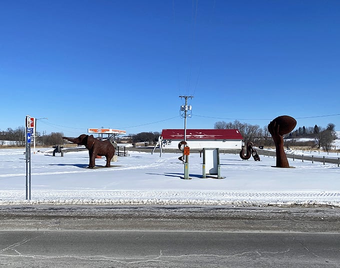 Even winter can't diminish the charm of these metal sculptures standing sentinel through Minnesota's snowy season transformations.
