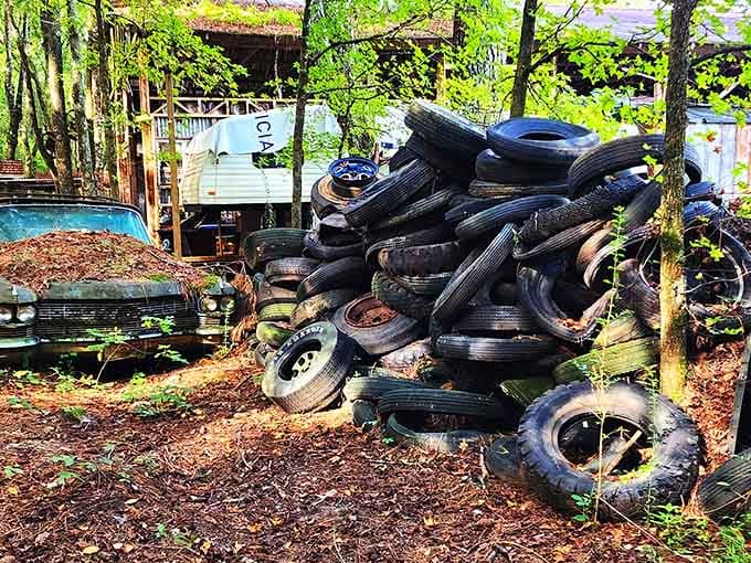 Even the tire pile becomes art here, a monument to rubber that once rolled down American highways.