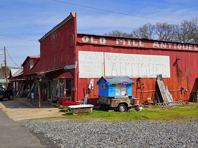 Old Mill Antiques' weathered red exterior promises treasure hunting of the highest order&mdash;where one person's discarded history becomes another's prized possession.