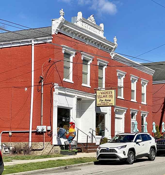 Wagner's Village Inn stands ready to feed hungry visitors with its welcoming facade and that cheerful rooster standing guard.
