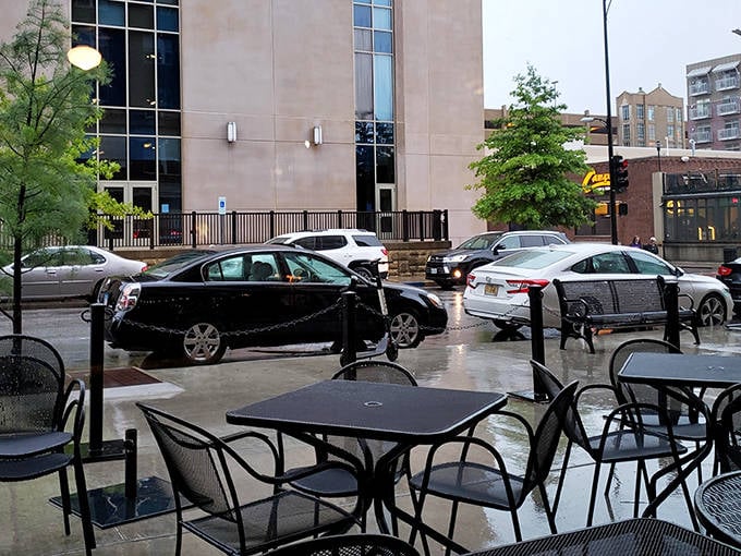 Even rainy days can't dampen Shakespeare's appeal, with outdoor seating offering a front-row view of downtown Columbia's comings and goings.