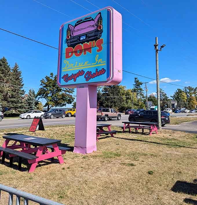 Pink picnic tables outside let you enjoy your shake under the sun, weather permitting of course.