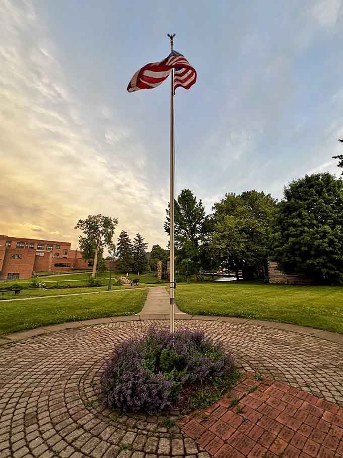 The memorial area honors Owosso's most famous literary son with patriotic pride and community spirit on full display.