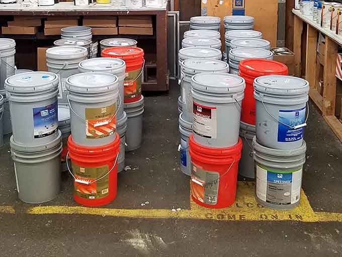 Paint bucket battalion! DIY dreams start here, where someone else's leftover home improvement supplies become your next project's foundation.