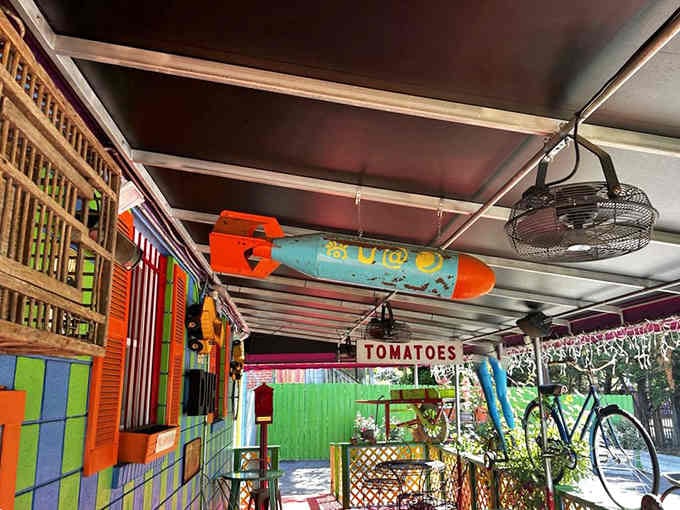 The patio extends the visual chaos outdoors, because why should the fun stop at the front door?