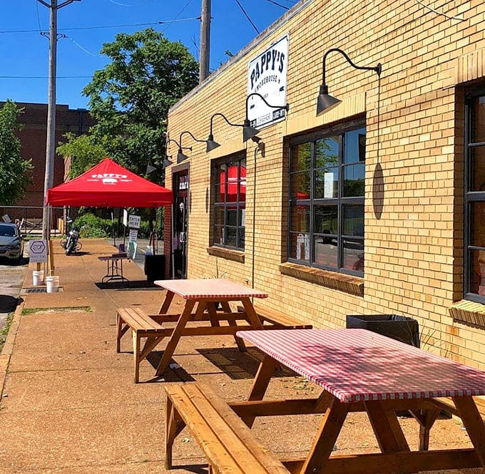 Outdoor seating with red umbrellas means you can enjoy your ribs while soaking up that St. Louis sunshine.
