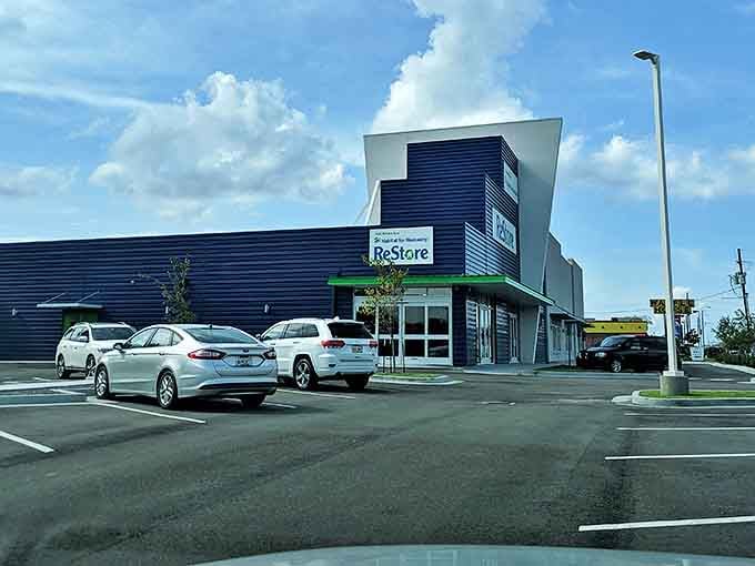 Modern architecture meets vintage treasures at this ReStore location, where the parking lot is just the beginning of your home improvement adventure.