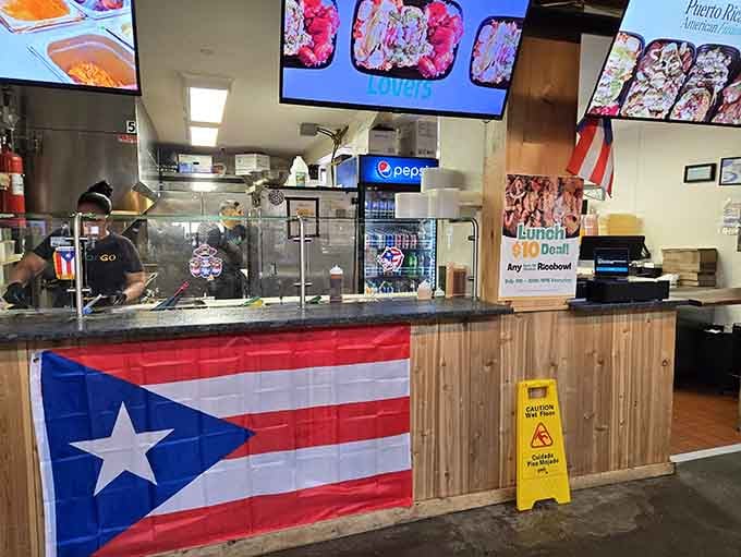 A Puerto Rican flag proudly displayed reminds you that authentic flavors from the island are just steps away.