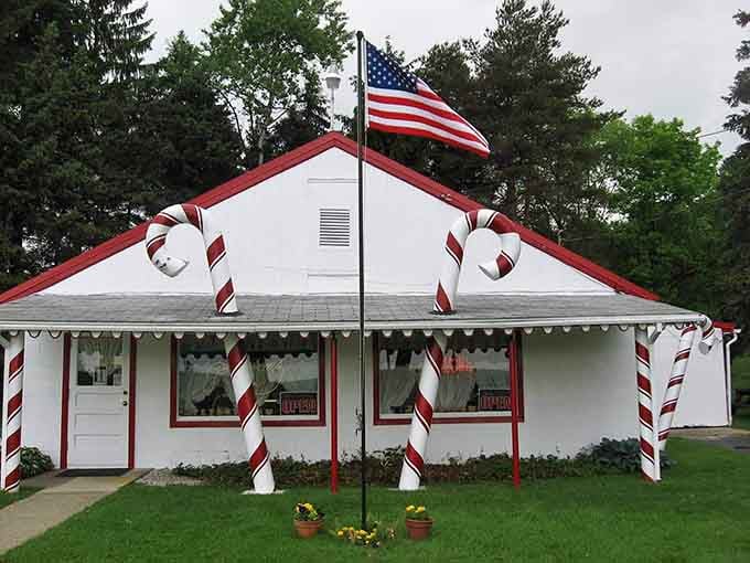 This candy-cane striped cottage isn't Santa's workshop—it's Peterson's Candies, where sweet treats have been delighting locals and visitors for decades.
