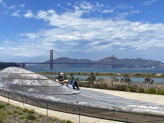 Lounge on driftwood art while the Golden Gate Bridge does its thing, making every angle Instagram-worthy without even trying.