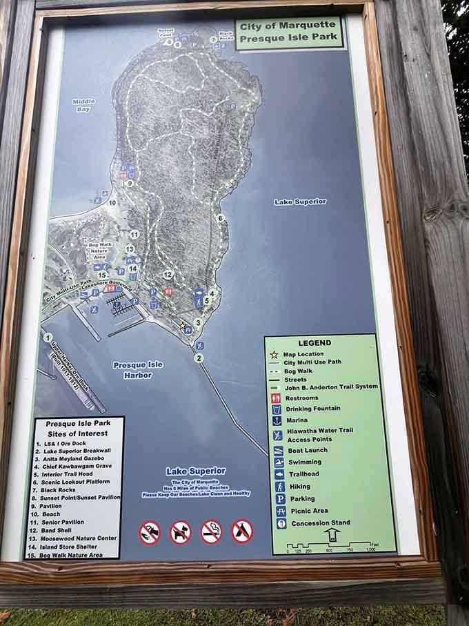 The park map revealing 323 acres of natural wonders, basically your treasure map to Upper Peninsula paradise.