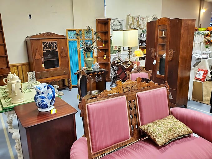 Pink upholstered furniture from an era when living rooms were formal and guests actually used the front door.