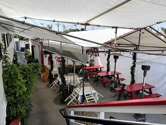 Even the outdoor patio embraces the retro vibe, offering al fresco dining with a side of nostalgia.