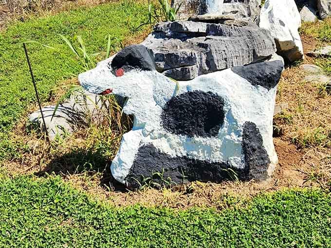 Holstein spots on stone create a cow that'll never need milking but always needs appreciating for its sheer oddity.