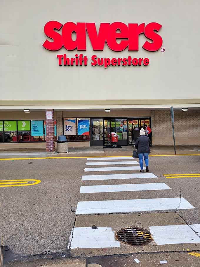 Even the crosswalk seems to point shoppers toward their next great find inside those doors.
