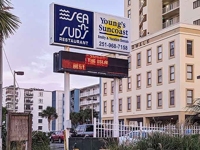 The Sea N Suds sign standing proud on the roadside, basically a beacon calling hungry travelers to their destiny.