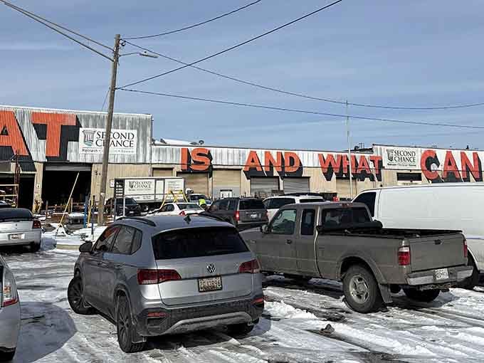 The parking lot on a busy day—where pickup trucks and dreams of home renovation projects come together.