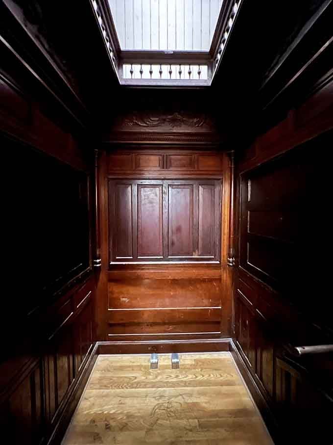 An ornate hydraulic elevator shaft connecting respectable businesses above to the decidedly unrespectable operations happening below street level.